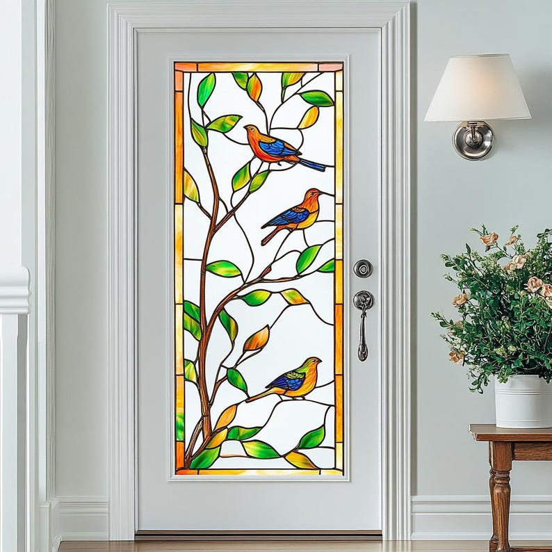 Bird & Branch Stained Glass Window Film – Decorative Privacy Cling, UV ...