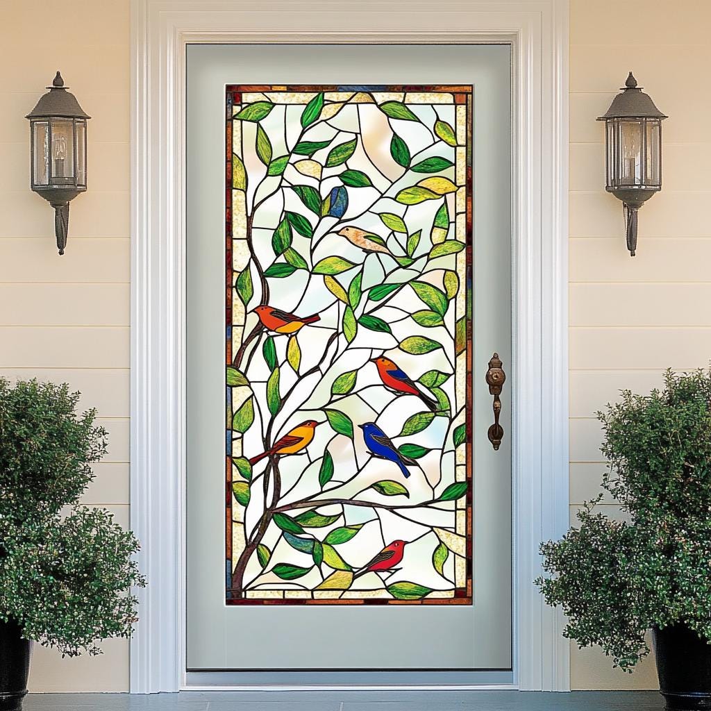 Bird & Branch Stained Glass Window Film – Decorative Privacy Cling, UV ...