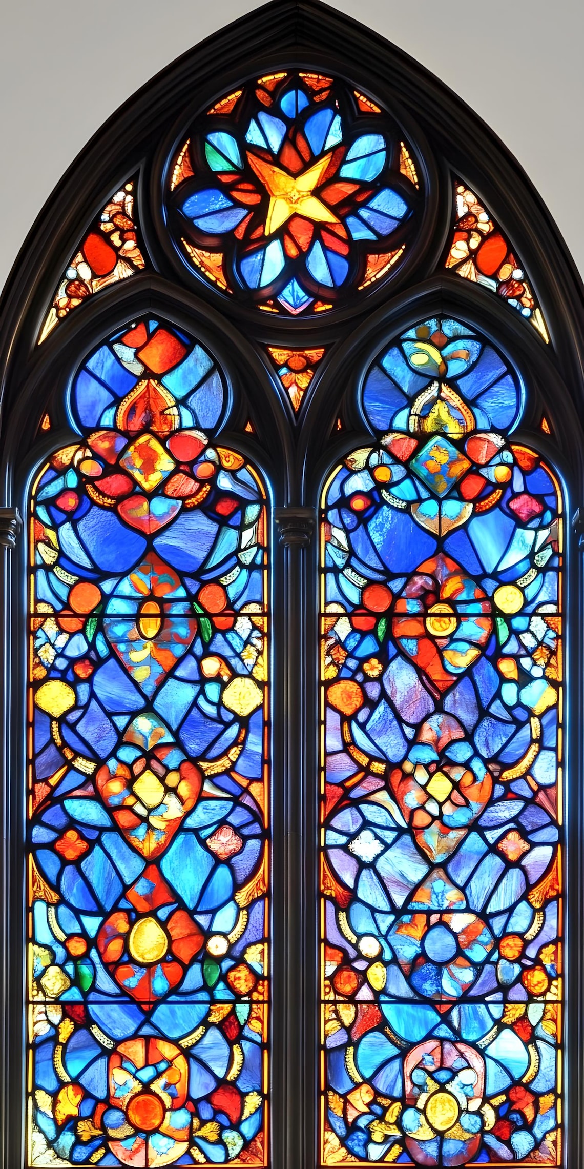 Gothic Arched Stained Glass Window Film - Vibrant Blue and Gold Floral ...