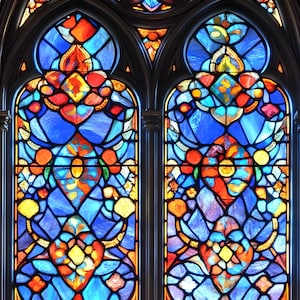 Gothic Arched Stained Glass Window Film - Vibrant Blue and Gold Floral ...