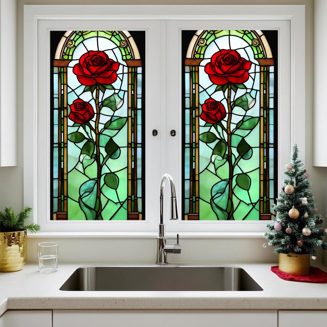 Red Rose Stained Glass Window Film - Elegant Privacy Decorative Cling ...