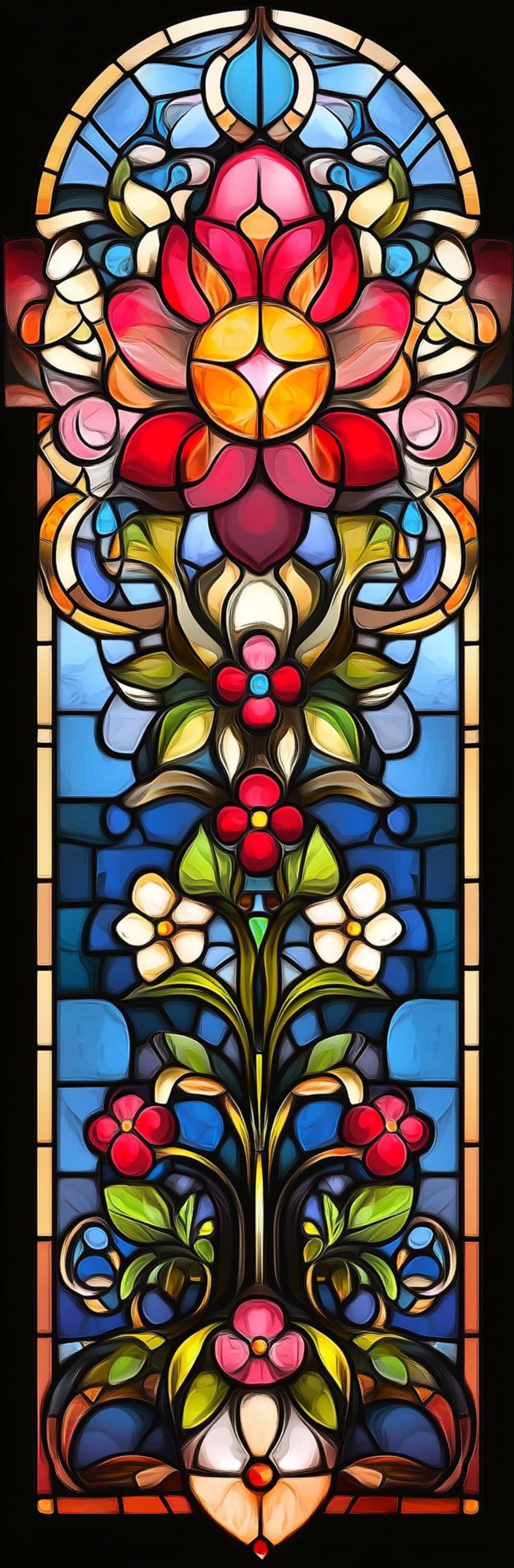 Custom Floral Stained Glass Window Decals - Arched Design With Vibrant ...
