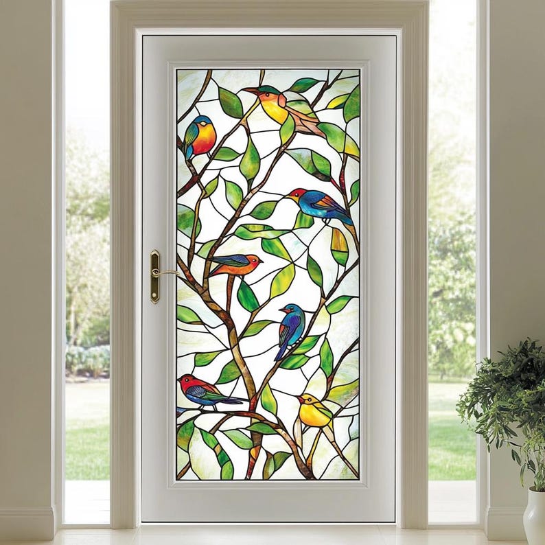 Bird & Branch Stained Glass Window Film – Decorative Privacy Cling, UV ...