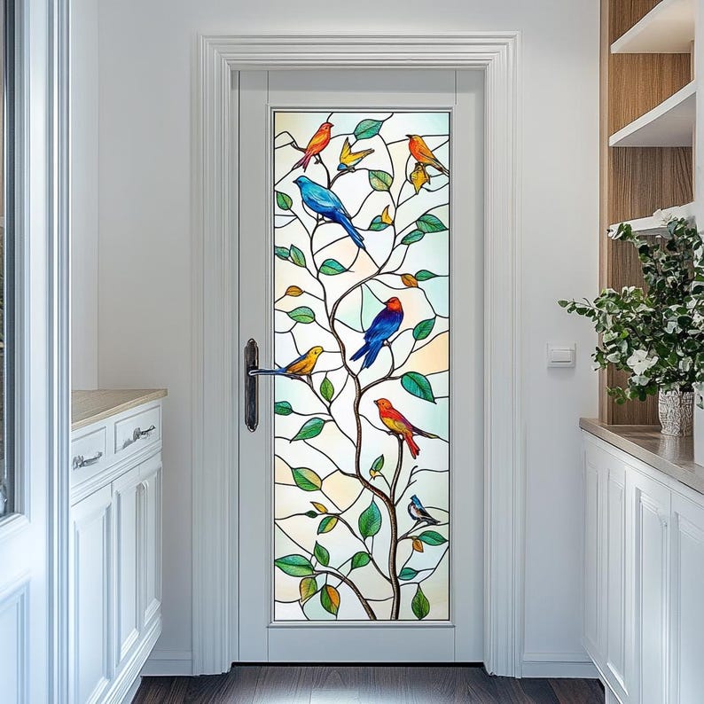 Bird & Branch Stained Glass Window Film – Decorative Privacy Cling, UV ...