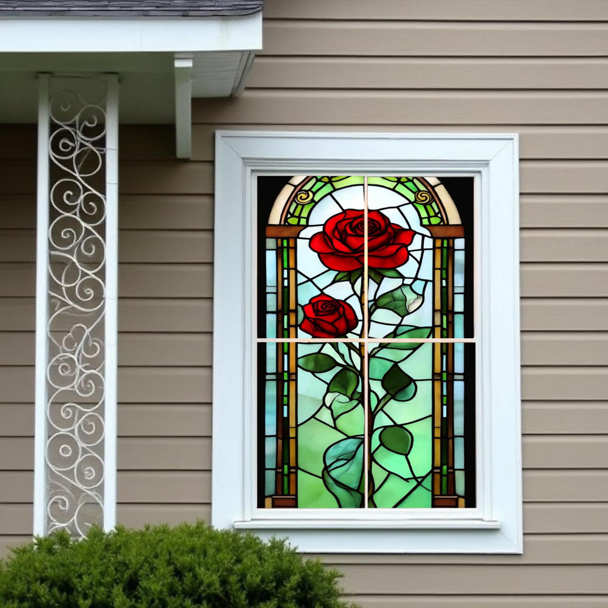 Red Rose Stained Glass Window Film - Elegant Privacy Decorative Cling ...