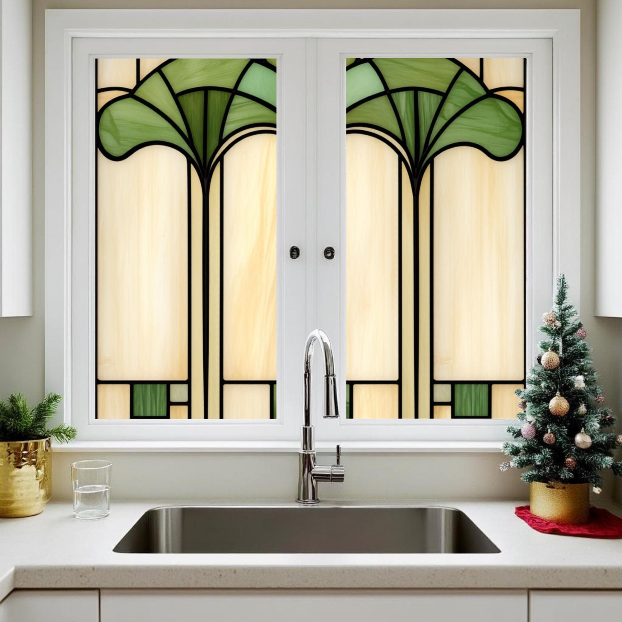 Stained Glass Window Film Art Deco Green Prairie Design Window Privacy ...