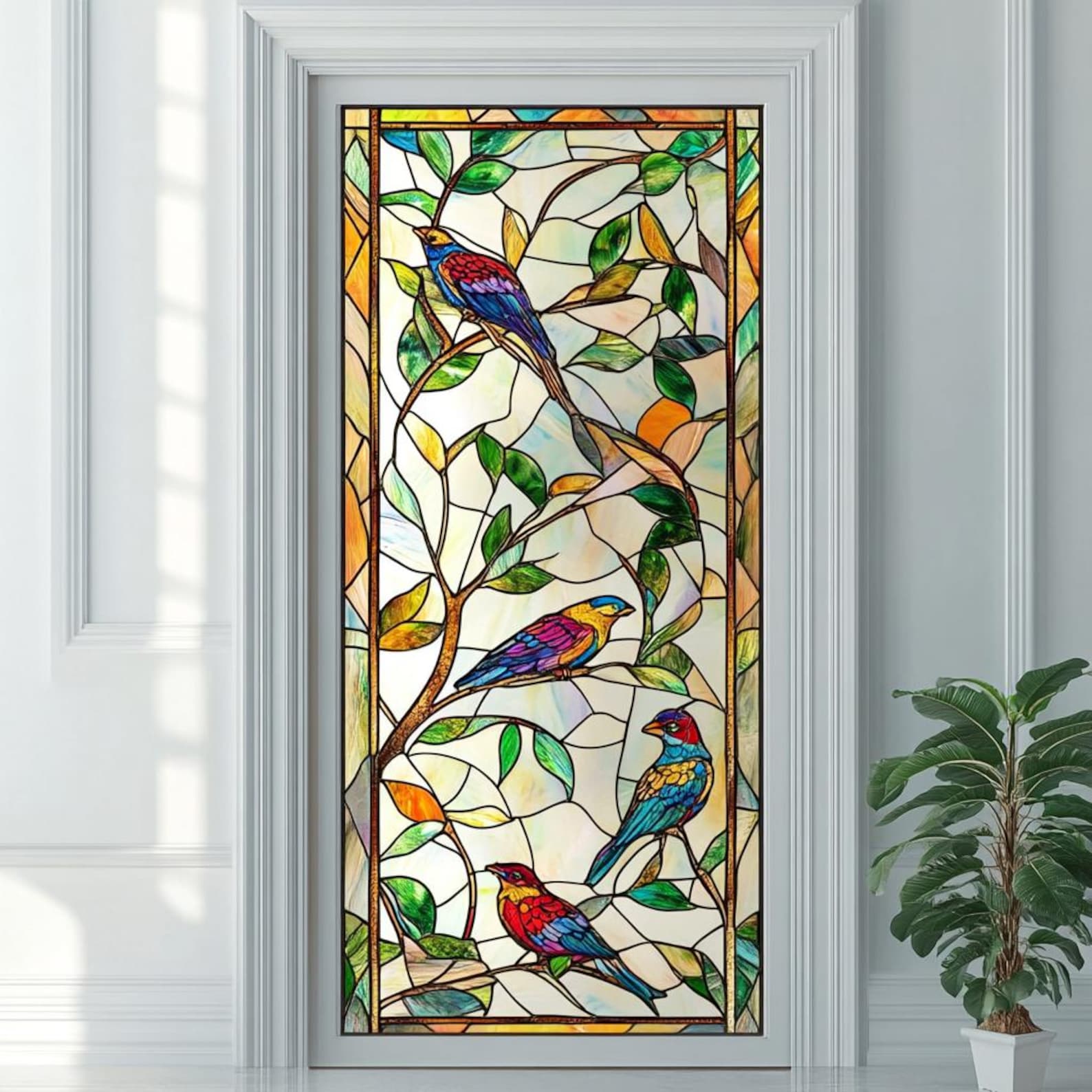 Handmade Stained Glass Window Cling – Botanical Bird Art, Static ...