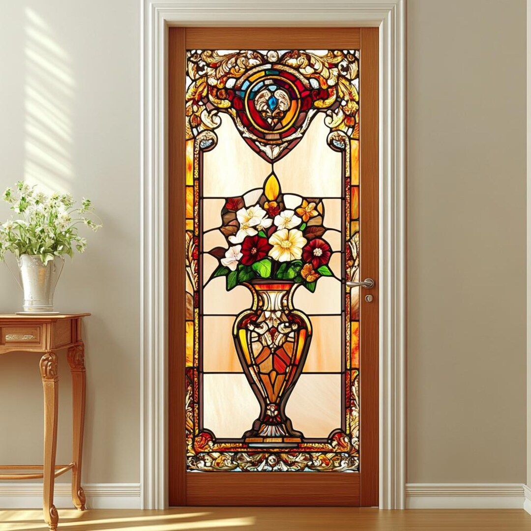 Modern Abstract Stained Glass Door Film – Vibrant Geometric Flow ...