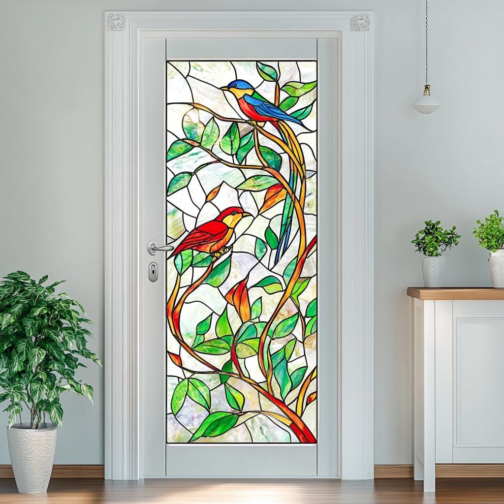 Handmade Stained Glass Window Cling – Botanical Bird Art, Static ...