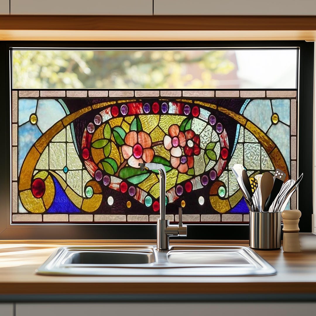 Stained Glass Window Film for Kitchen Sink - Floral Design, Decorative ...
