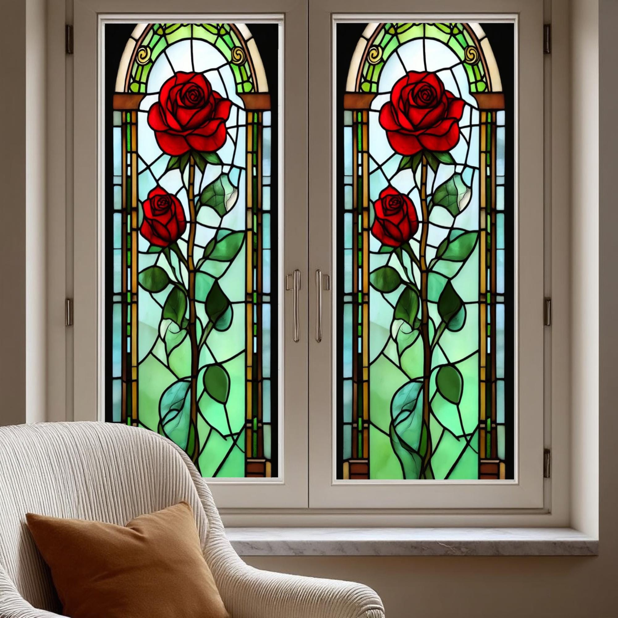 Red Rose Stained Glass Window Film - Elegant Privacy Decorative Cling ...