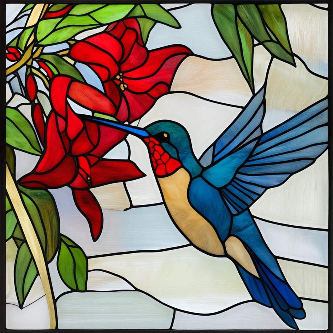 Stained Glass Window Film Hummingbird and Red Flower Design Window ...
