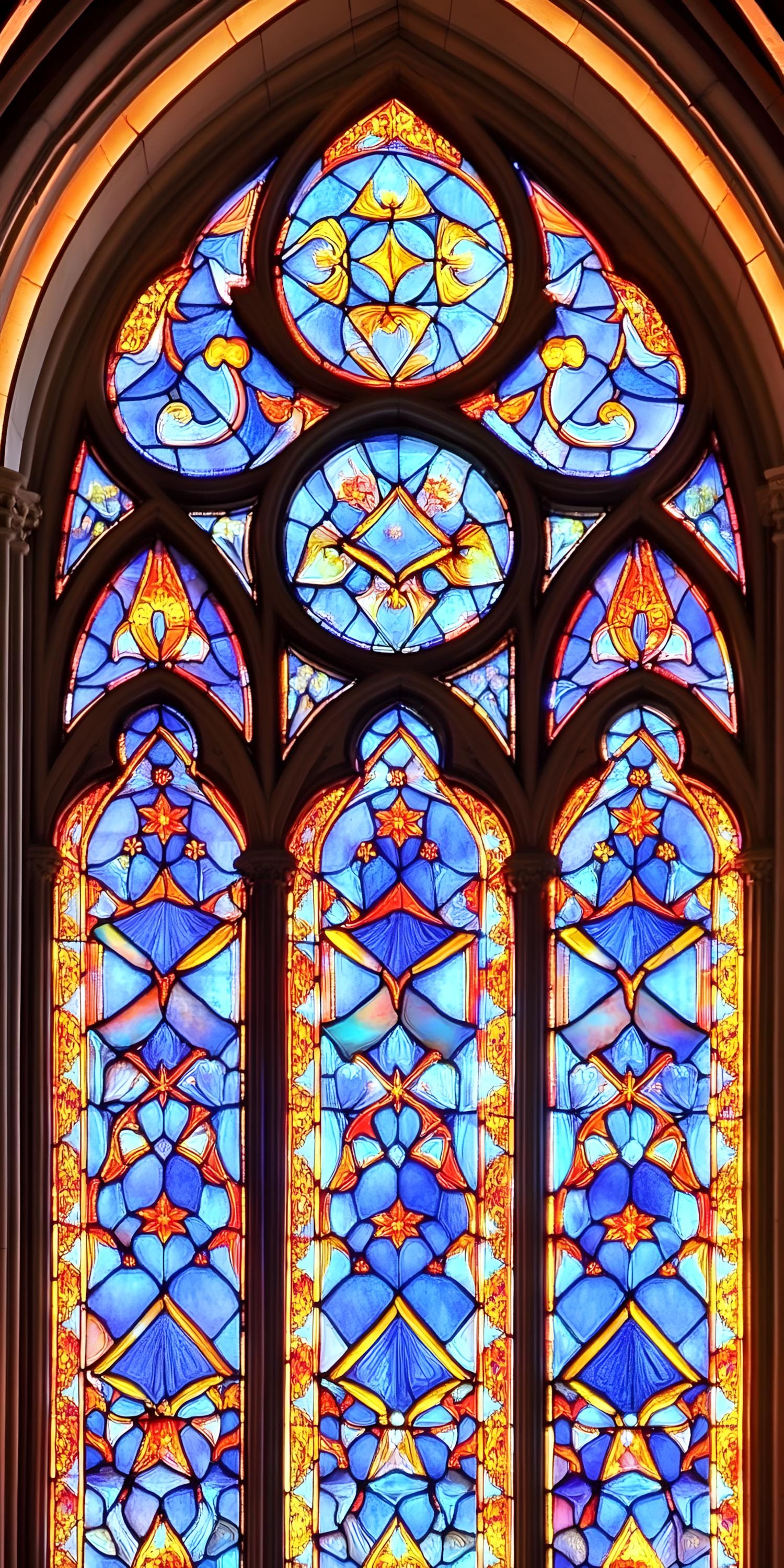 Gothic Arched Stained Glass Window Film - Vibrant Blue and Gold Floral ...