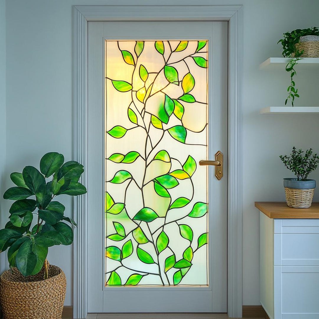 Custom Stained Glass Window Film – Green Vine & Leaf Pattern, No Glue ...