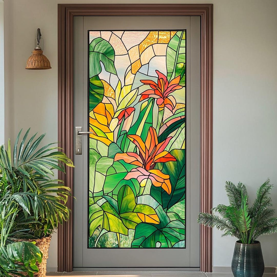 Tropical Stained Glass Window Film – Sunlit Floral Design, UV ...
