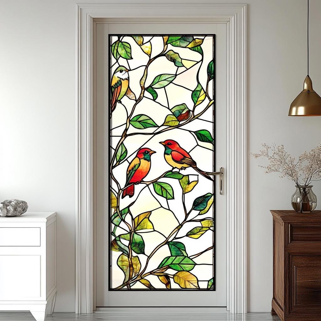 Bird & Branch Stained Glass Window Film – Decorative Privacy Cling, UV ...
