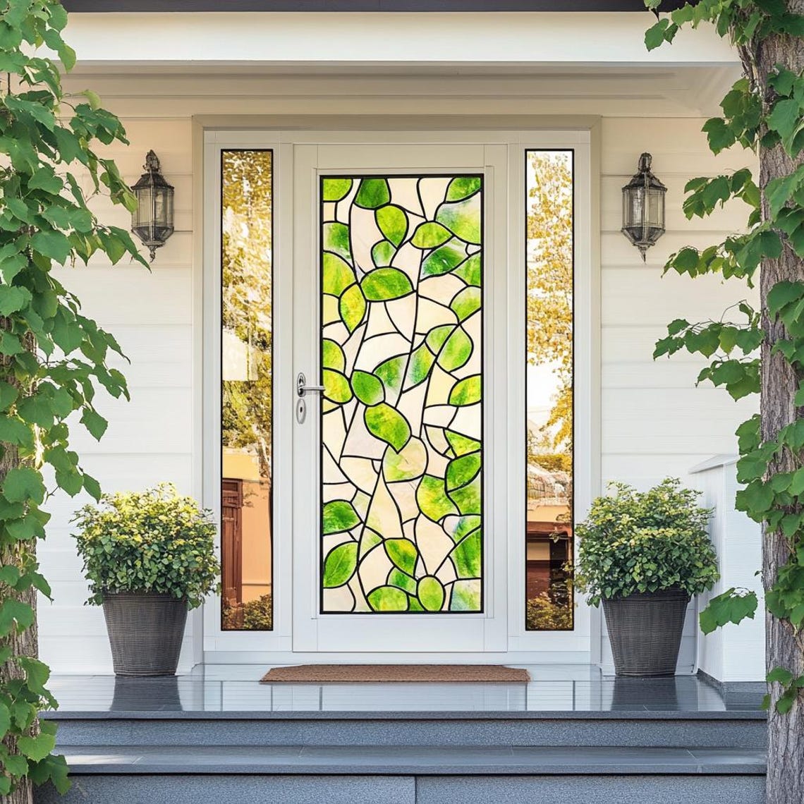 Custom Stained Glass Window Film – Green Vine & Leaf Pattern, No Glue ...