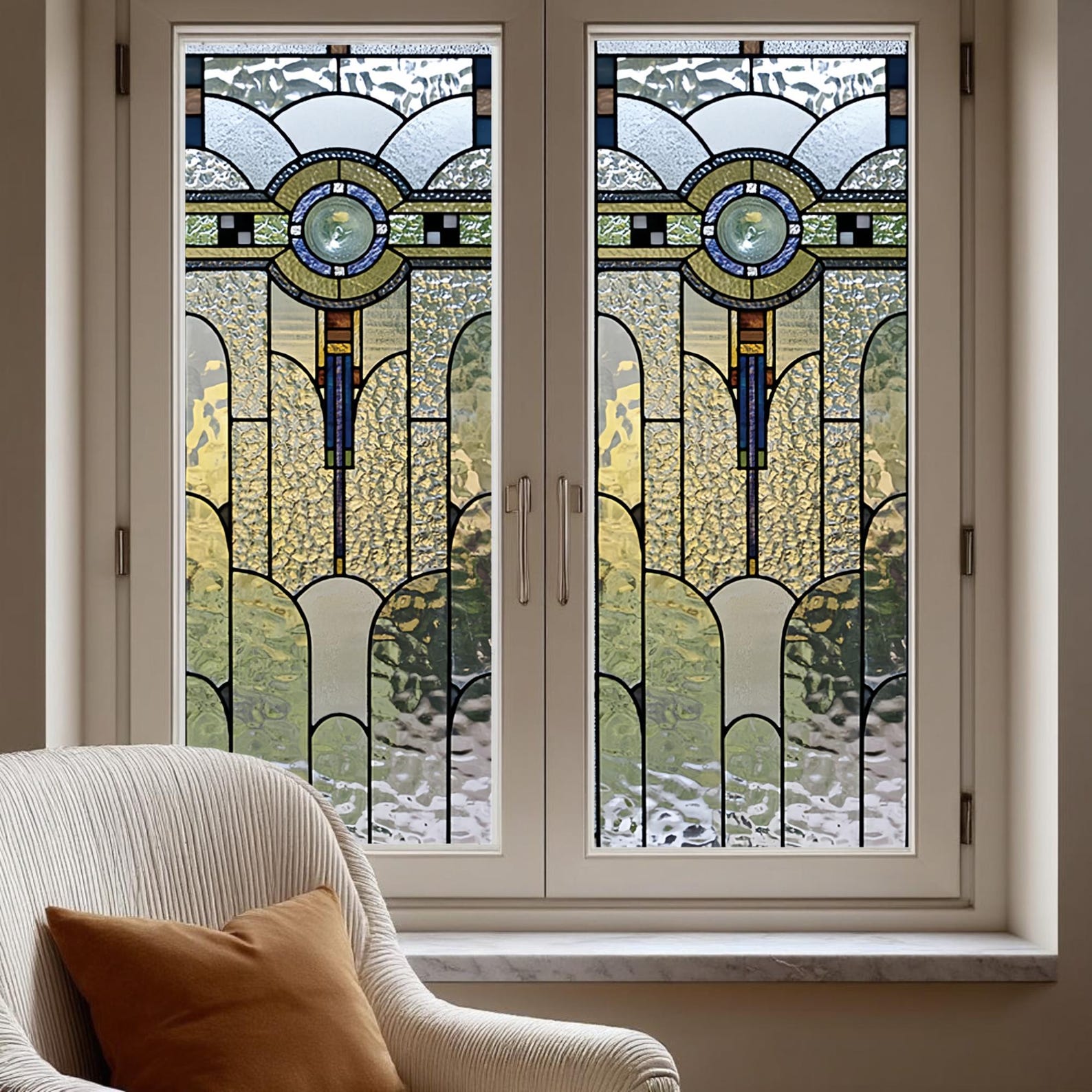Art Deco Stained Glass Window Film - Elegant Frosted Privacy Cling With ...