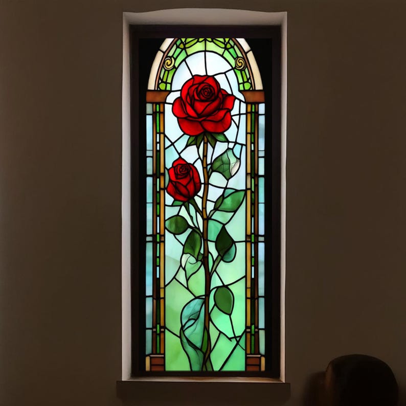 Red Rose Stained Glass Window Film - Elegant Privacy Decorative Cling ...