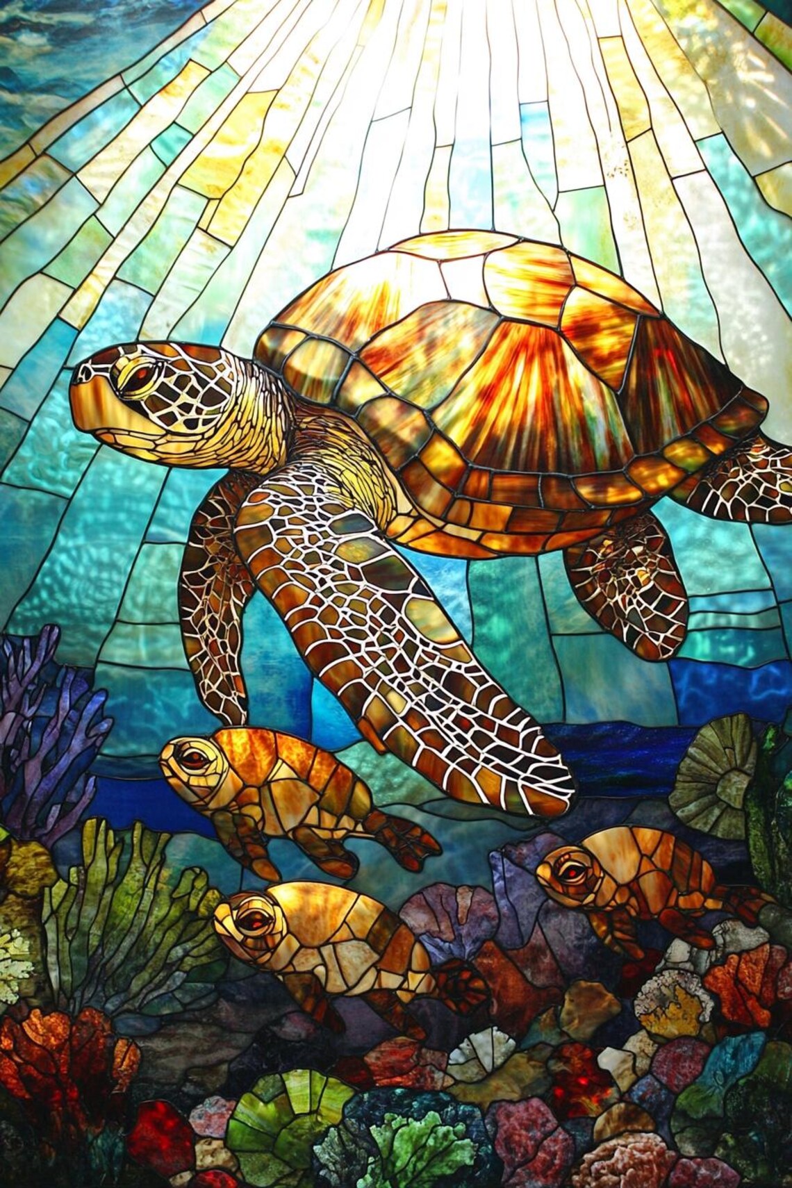Underwater Sea Turtle Stained Glass Window Film – Decorative Privacy ...