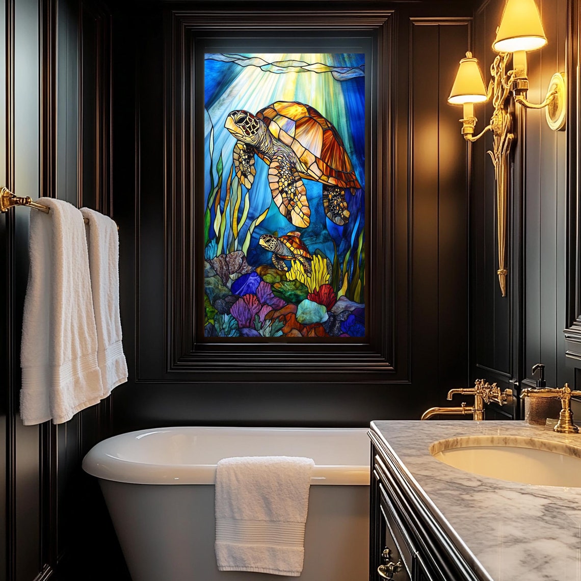 Underwater Sea Turtle Stained Glass Window Film – Decorative Privacy ...