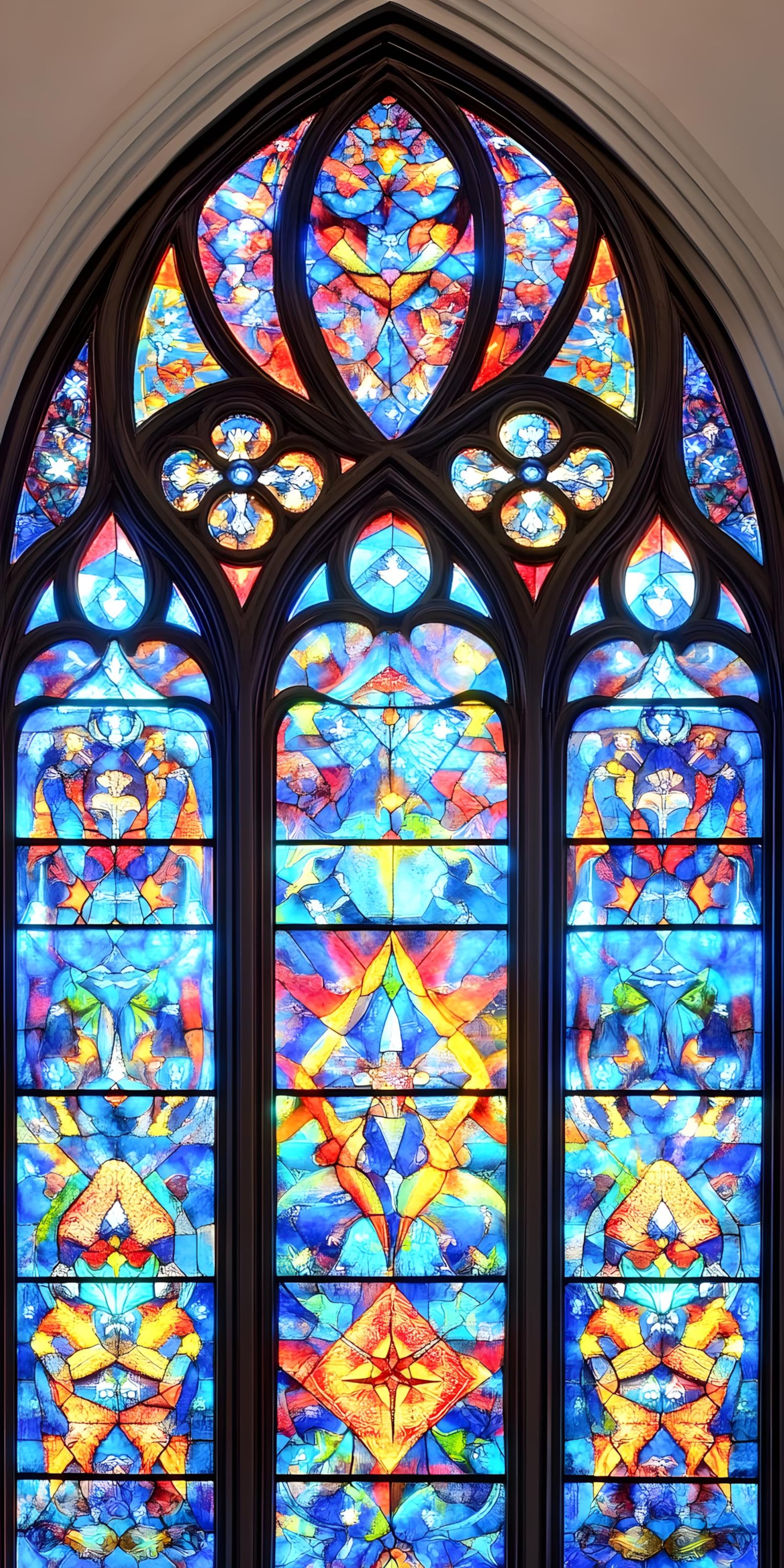 Gothic Arched Stained Glass Window Film - Vibrant Blue and Gold Floral ...