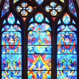 Gothic Arched Stained Glass Window Film - Vibrant Blue and Gold Floral ...