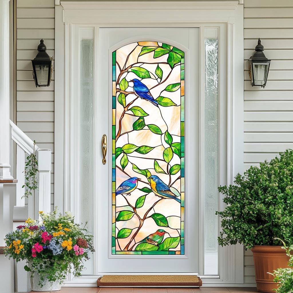Bird & Branch Stained Glass Window Film – Decorative Privacy Cling, UV ...