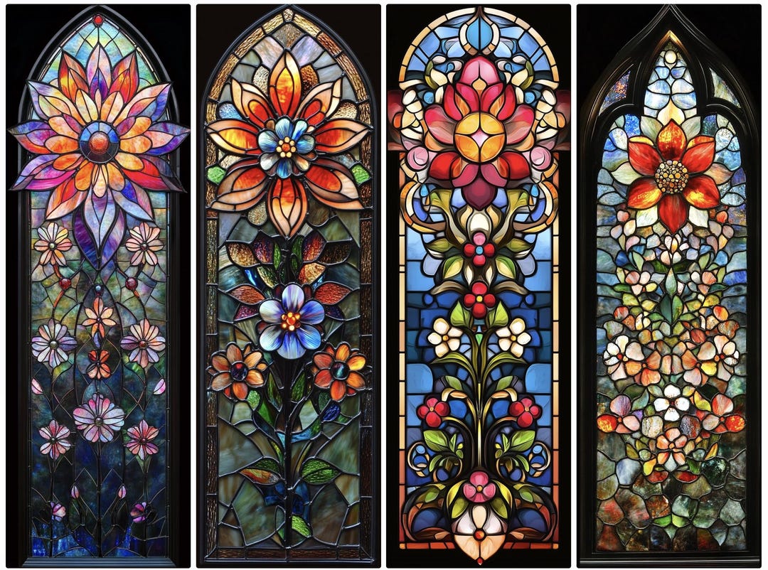 Custom Floral Stained Glass Window Decals - Arched Design With Vibrant ...