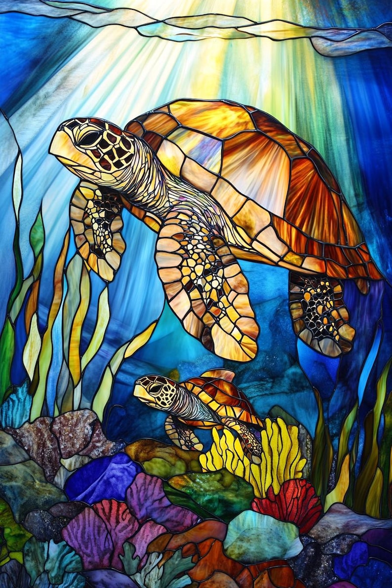 Underwater Sea Turtle Stained Glass Window Film – Decorative Privacy ...