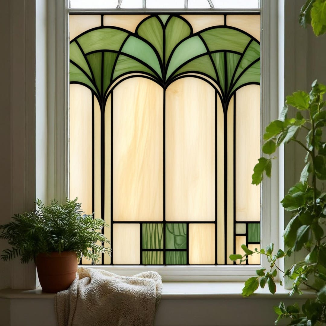 Stained Glass Window Film Art Deco Green Prairie Design Window Privacy ...