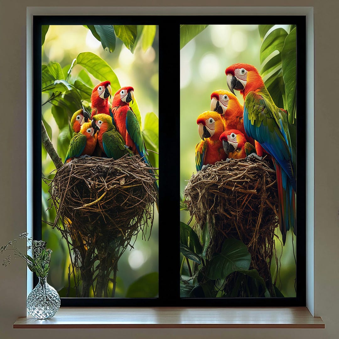 Tropical Parrot Stained Glass Window Decals - Vibrant Jungle Birds Nest ...
