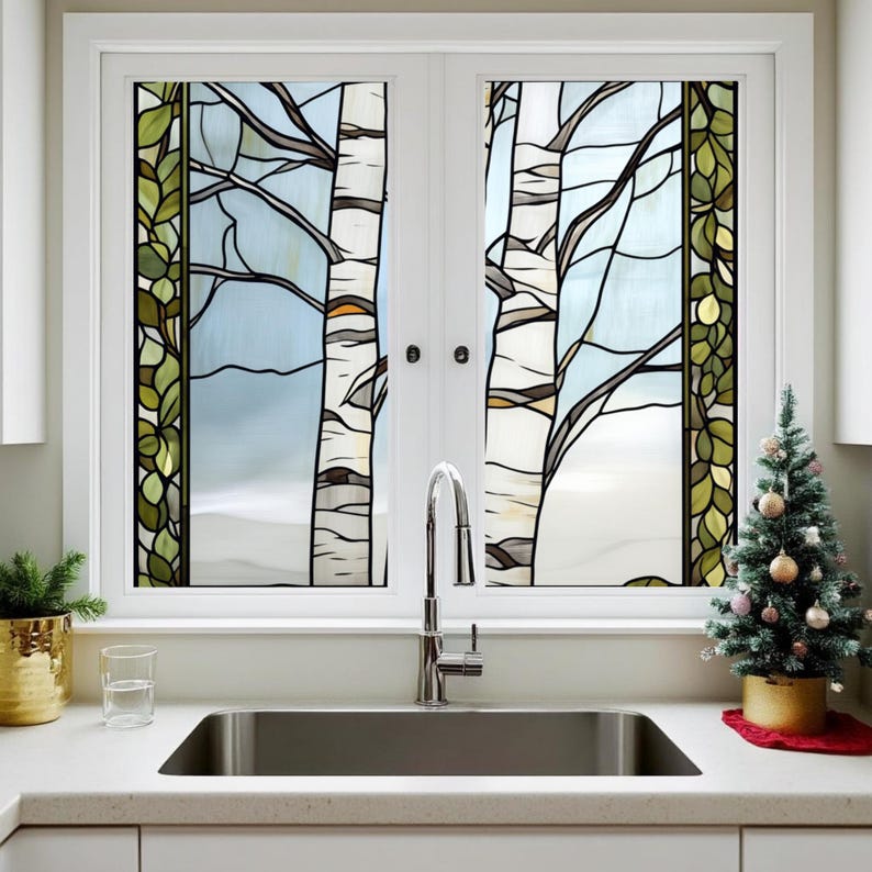 Stained Glass Window Film Birch Tree Forest Design Window Privacy Film ...