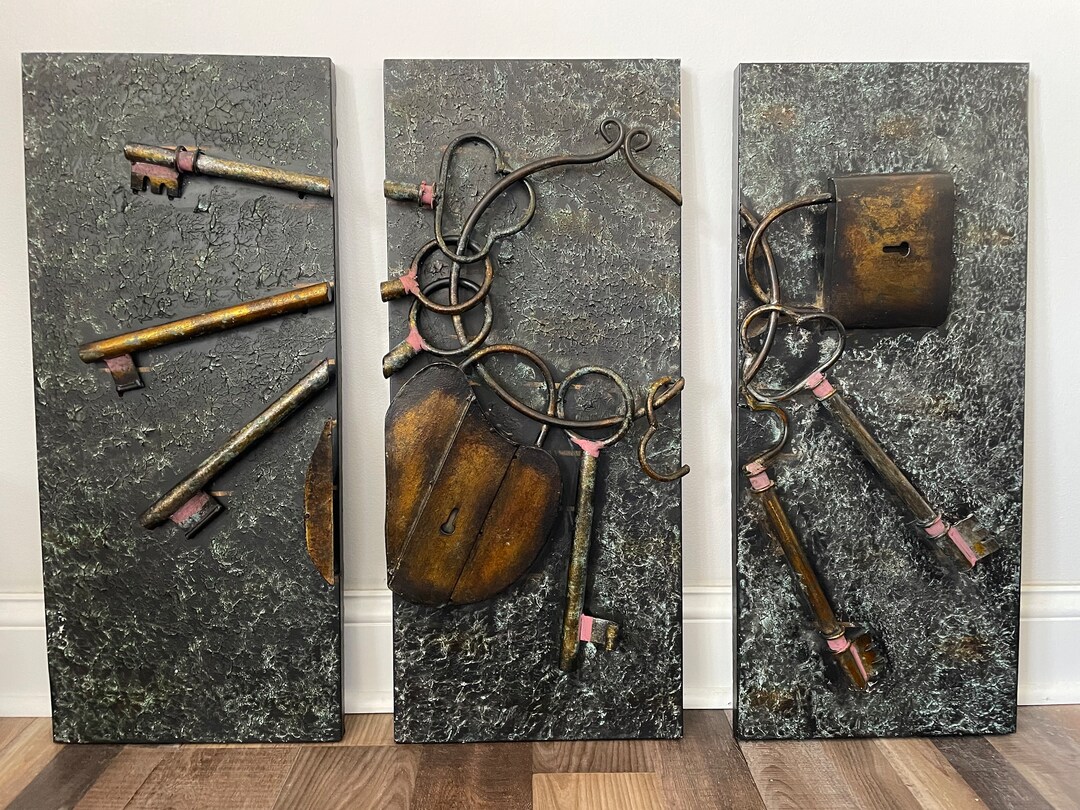 Large Skeleton Key Metal Wall Art Multi Panel (3) Metal Key Ring Wall ...