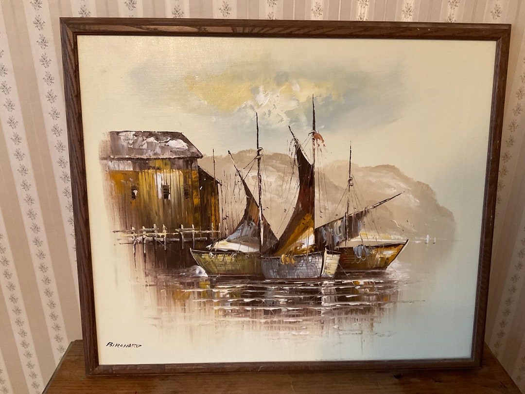Vintage Oil Painting by Birchard Sailboats Fishing Boats at Dock - Etsy