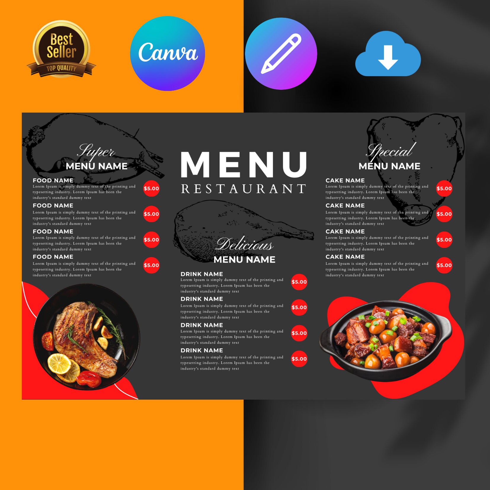 Restaurant Menu Template, Food Menu Template, Editable Restaurant Food ...