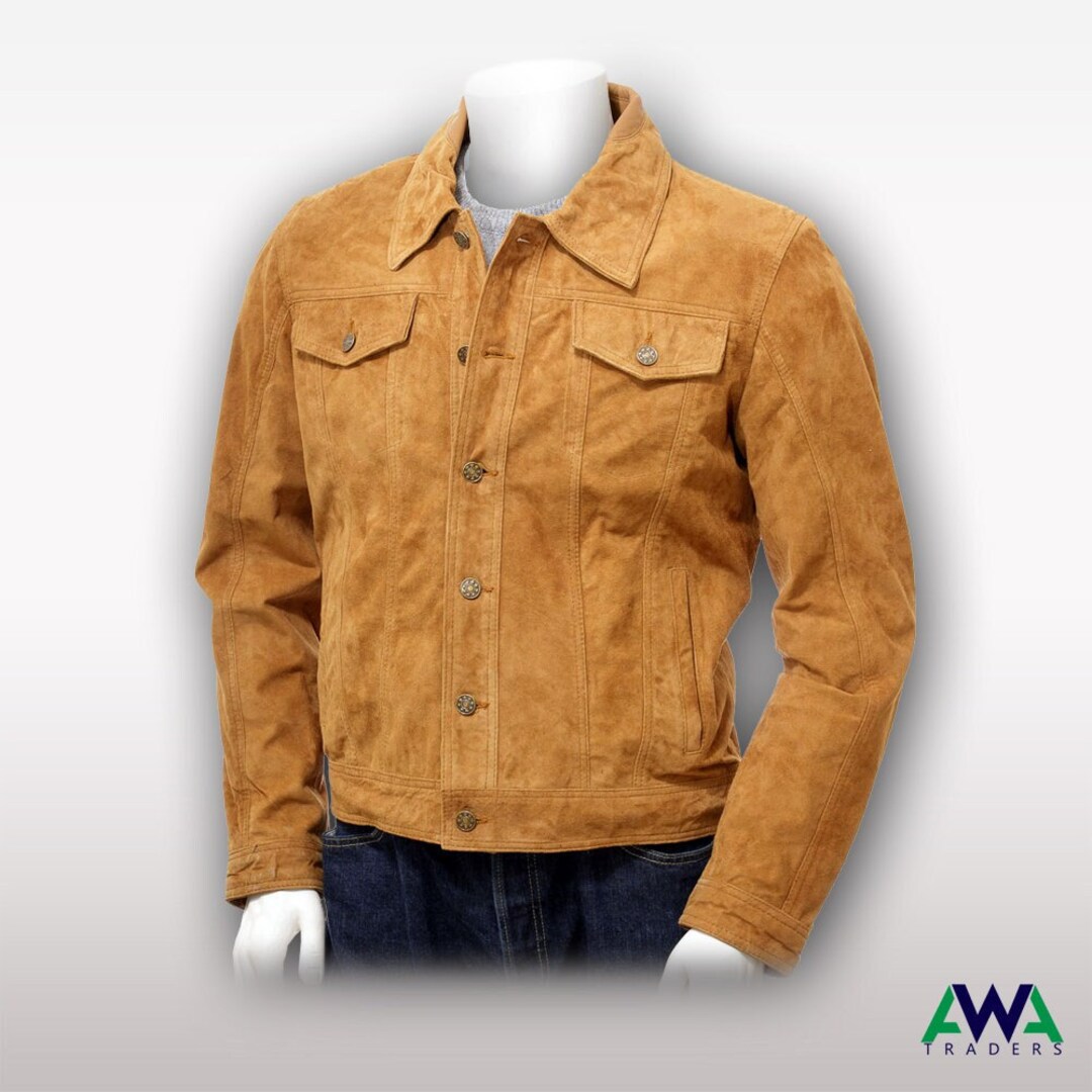 Men's Tan Suede Trucker Jacket Western Classic Cow Suede Leather Denim ...