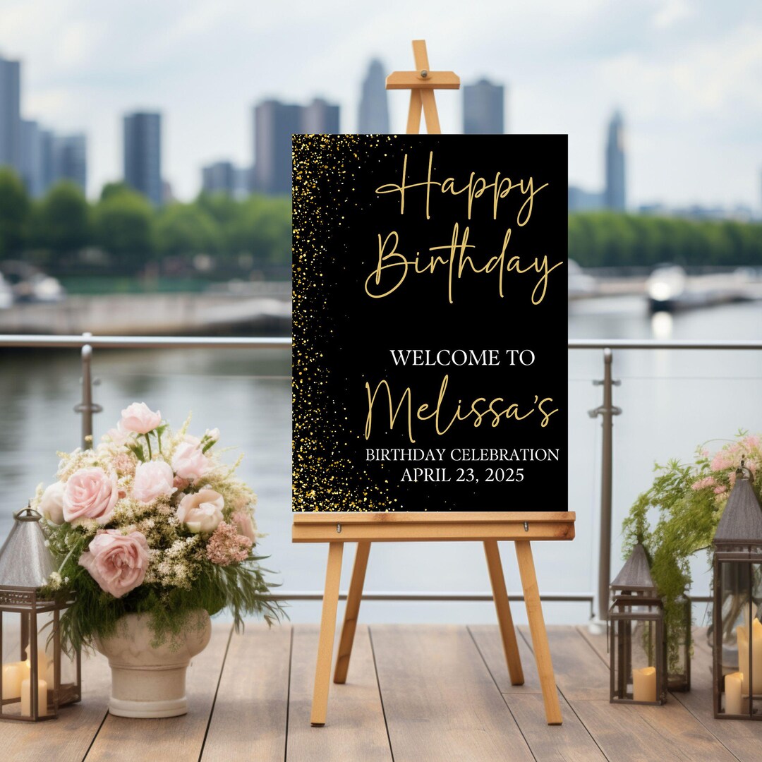 Happy Birthday Welcome Sign, Modern Black Gold Birthday Party Entrance ...