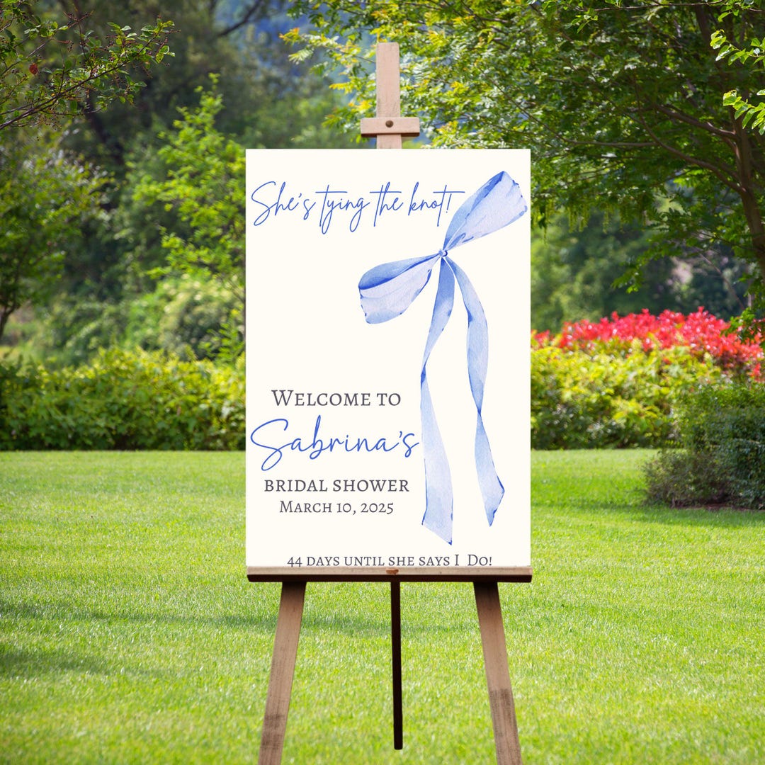 Blue Bow Bridal Welcome Sign, She's Tying the Knot Welcome Poster ...