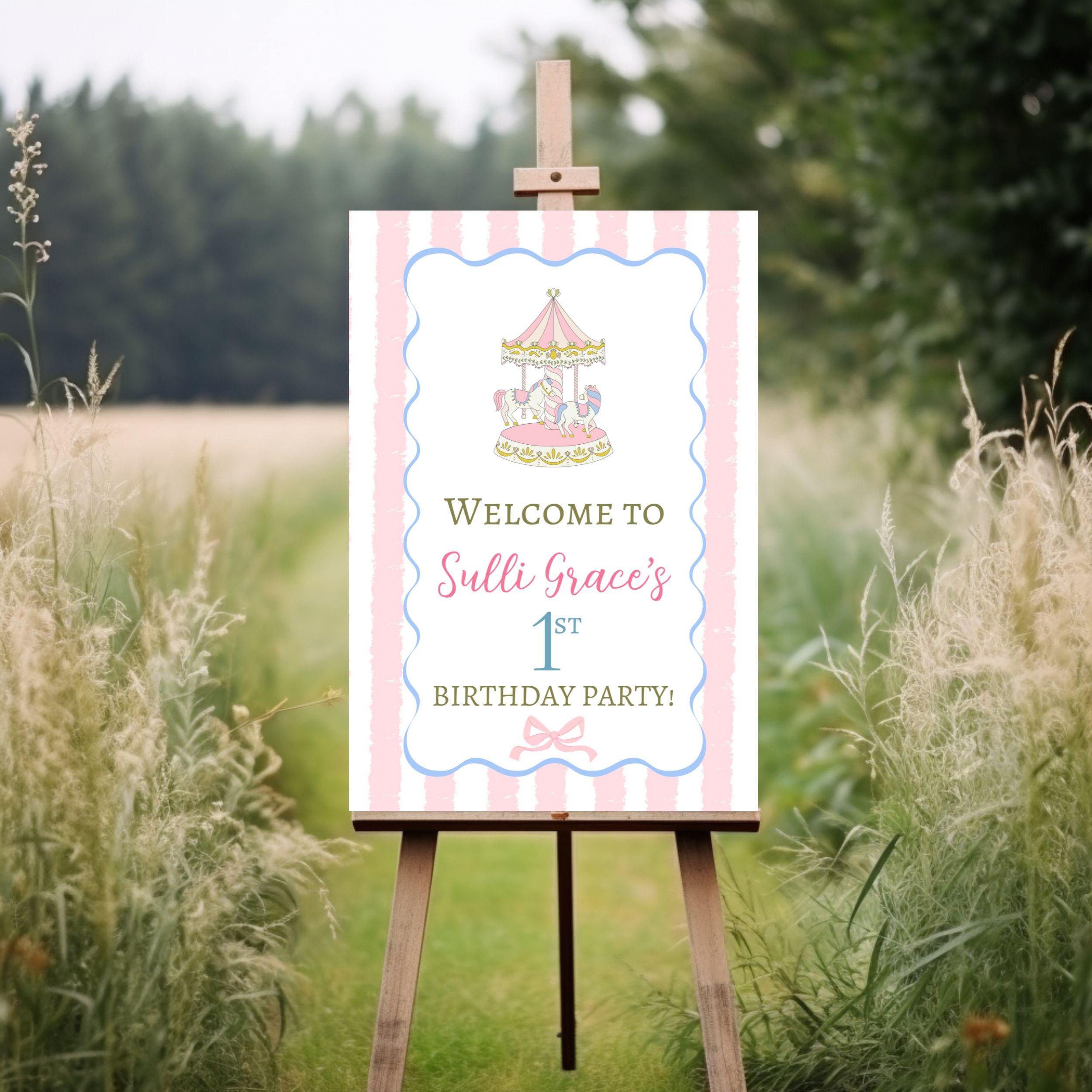 Pink Carousel First Birthday Welcome Sign, Carousel Birthday Party ...