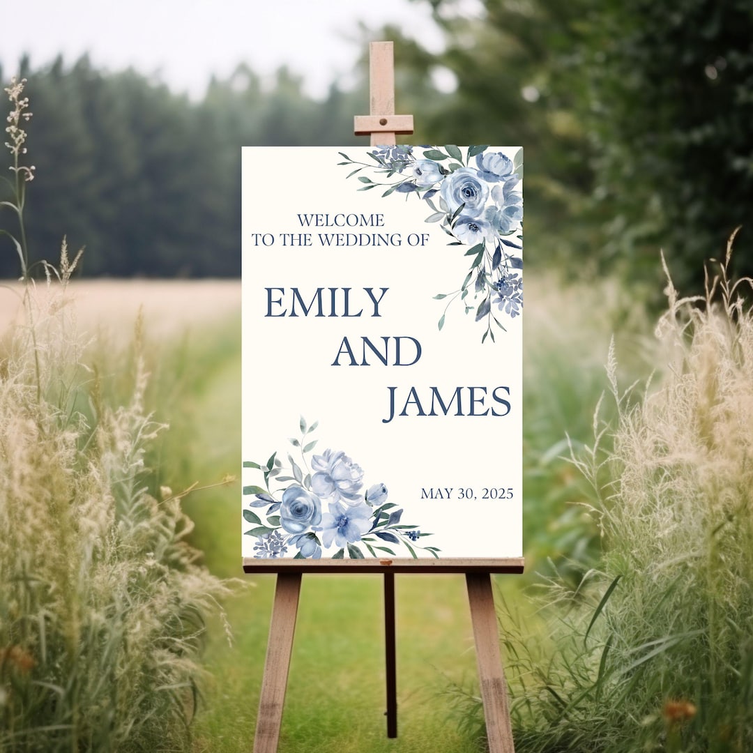 Blue Floral Wedding Welcome Sign, Wedding Signage, Dusty Blue Flower ...