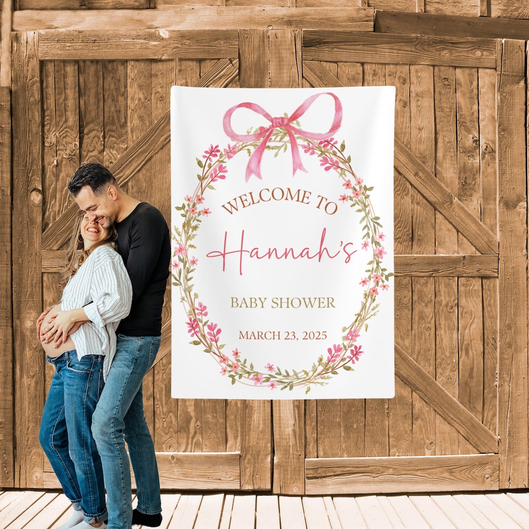 Pink Bow Baby Shower Welcome Sign Banner, Baby Girl Elegant Coquette ...