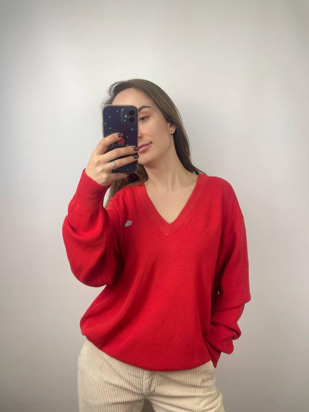 Lacoste Chemise Made in France Vintage Oversized Red V-neck Sweater ...