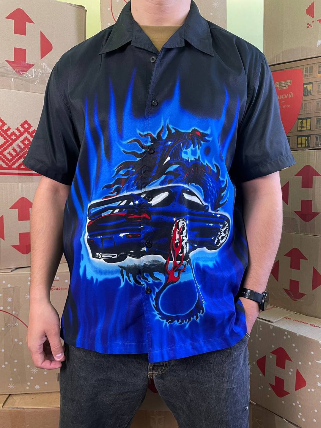 Y2K Revival Black Short Sleeve Button up Shirt Dragon and Mazda RX7 ...