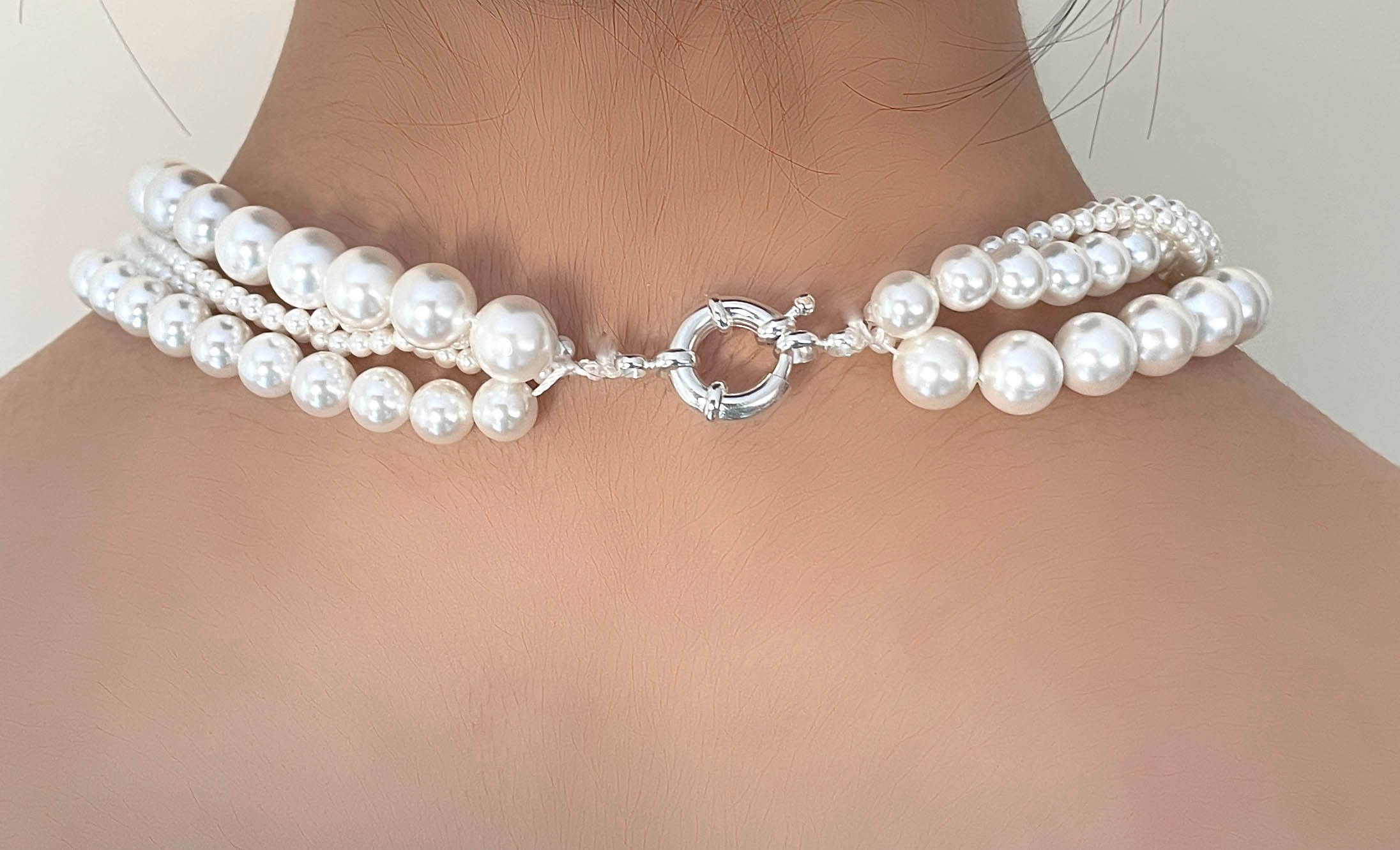 Multi-layers and Sizes Choker Necklace With White Shell Pearls, 3mm ...