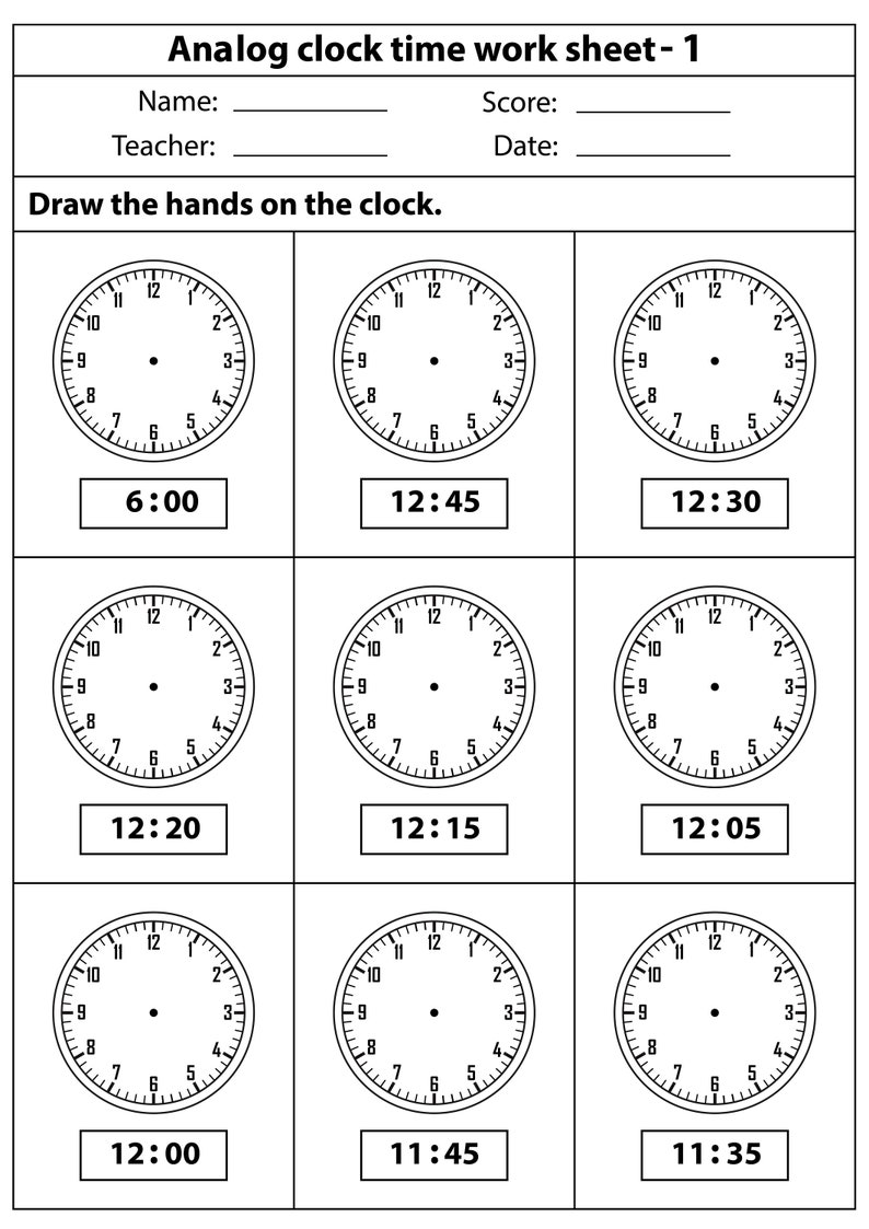 Analog Clock Time Worksheets. Draw the Hands on the Analog - Etsy
