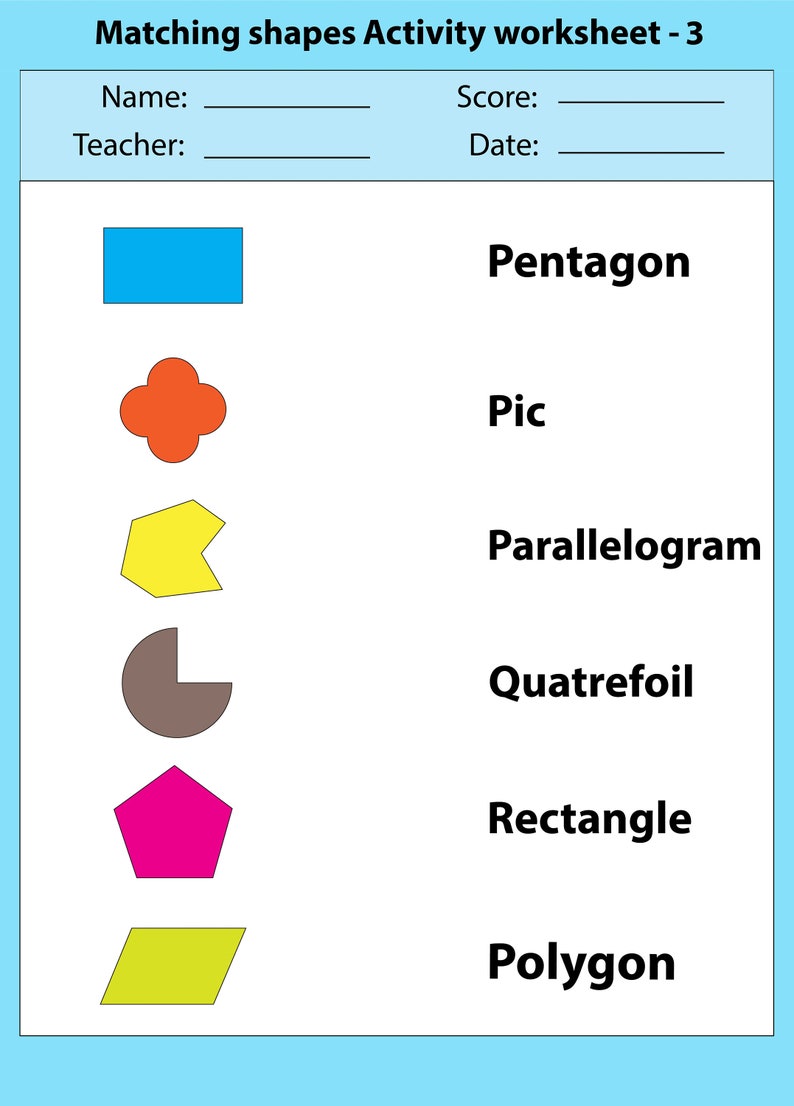 Matching Shapes Name Activates Worksheet Svg. With Answer. 27 - Etsy
