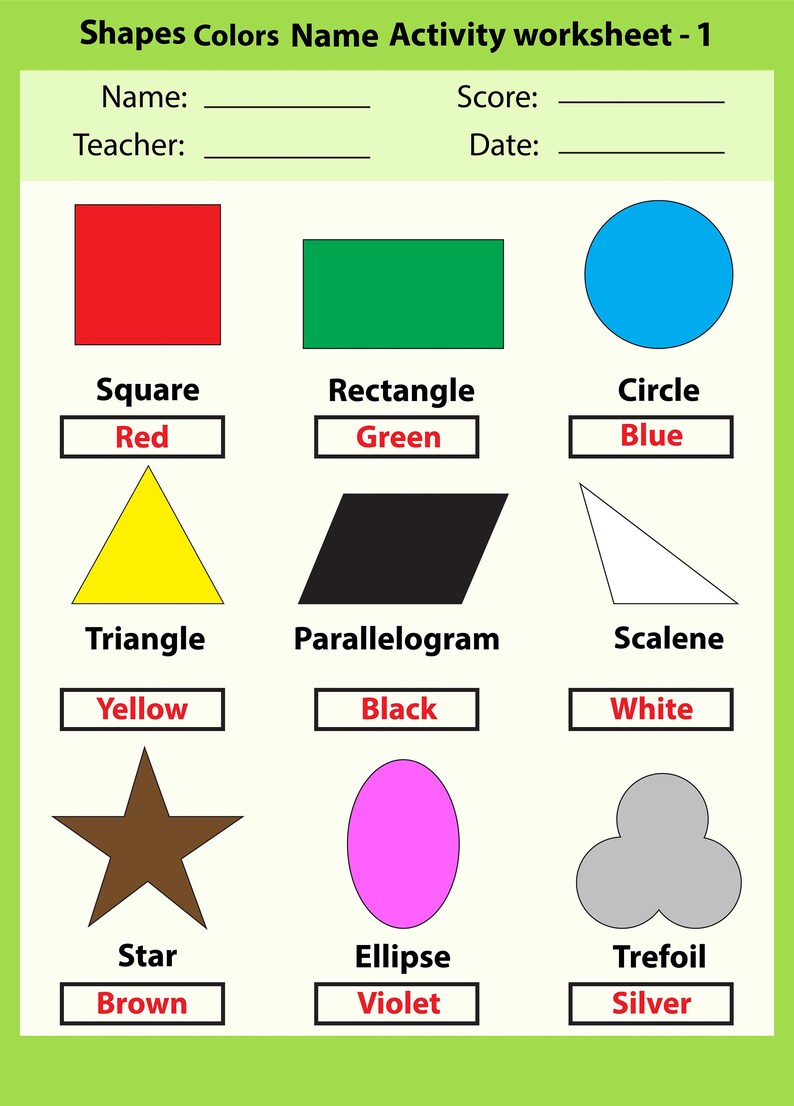 Shapes Colors Worksheet Fill in the Blanks. 3pages Worksheet. - Etsy