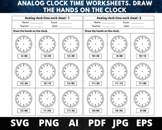 Analog Clock Time Worksheets. Draw the Hands on the Analog - Etsy