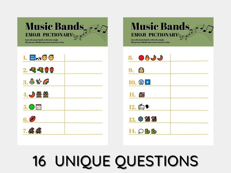 Music Bands Emoji Pictionary Birthday Games Guess the Band - Etsy